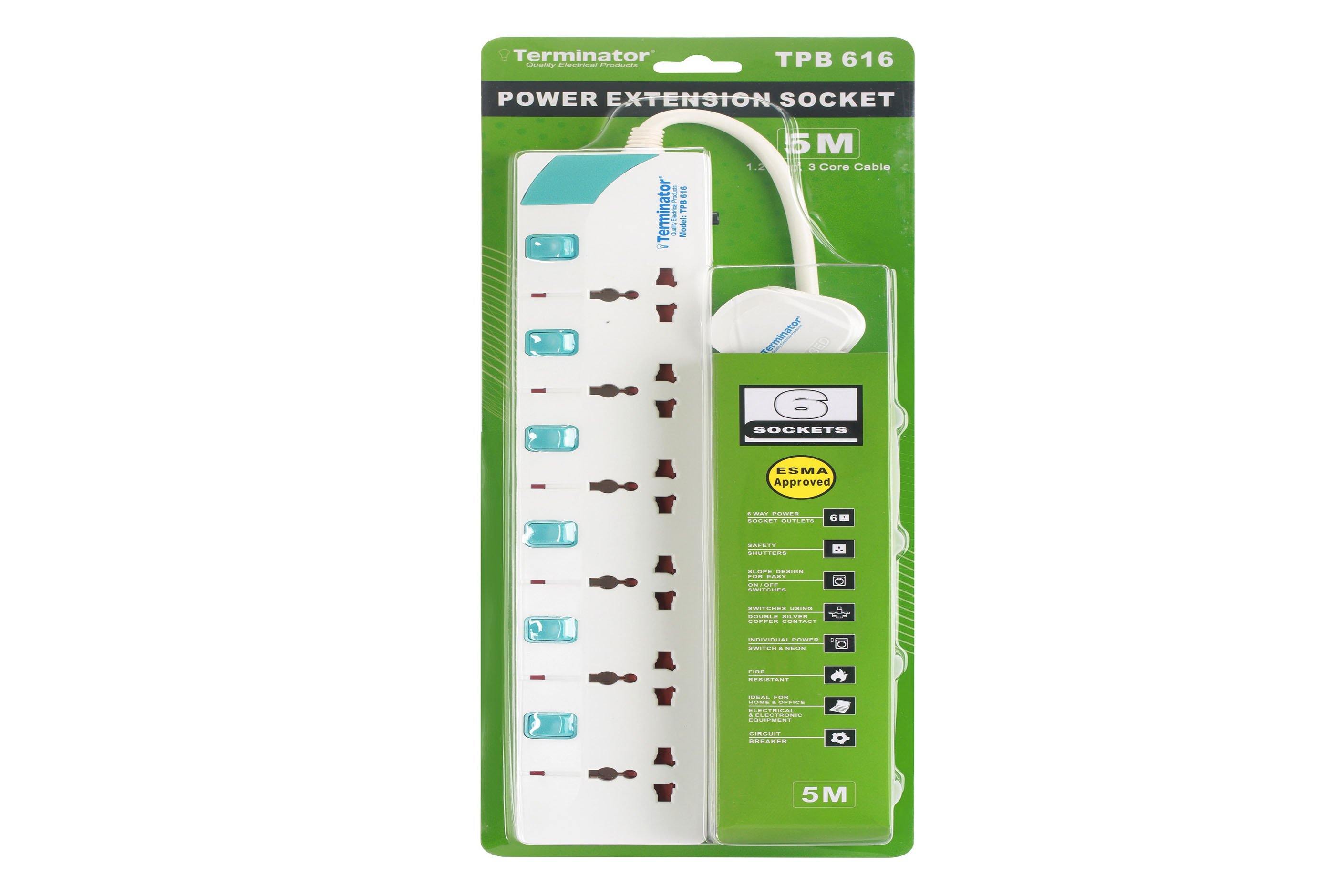 6 Way Universal Extension Socket 5M - TPB 616 Terminator - Qahraba